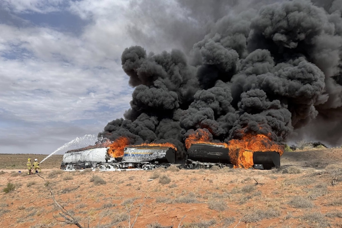 Truck driver’s lucky escape as triple road train catches fire, amid ...